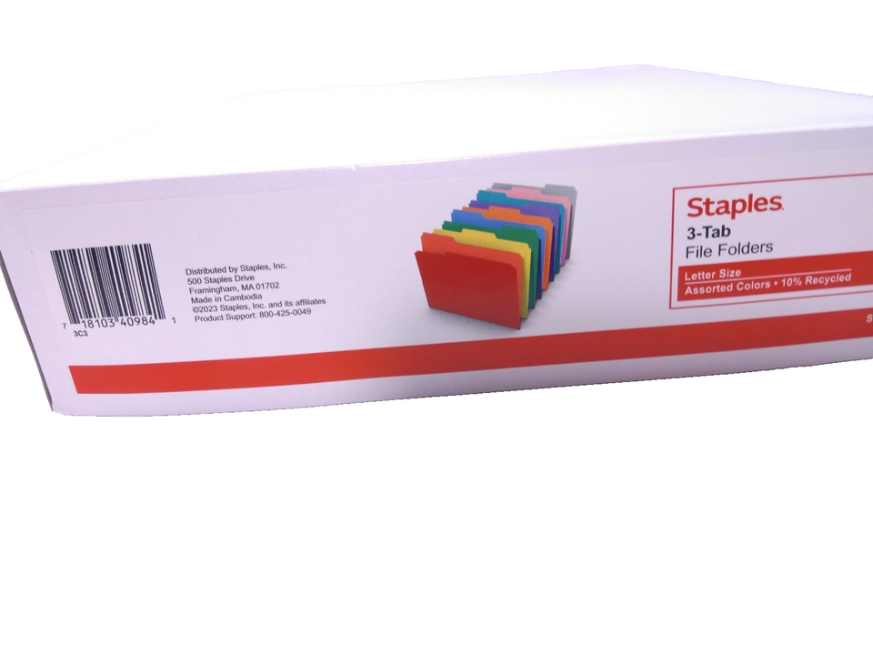 Staples Colored Top-Tab File Folders 3 Tab Assorted Colors Letter Size ...