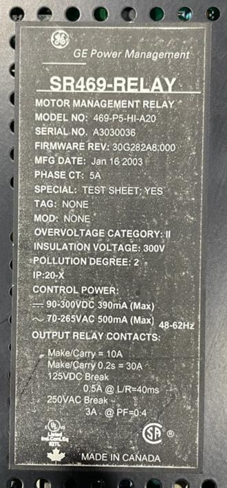 GE MULTILIN SR469 MOTOR MANAGEMENT RELAY 469-P5-HI-A20 AS IS **NO ...