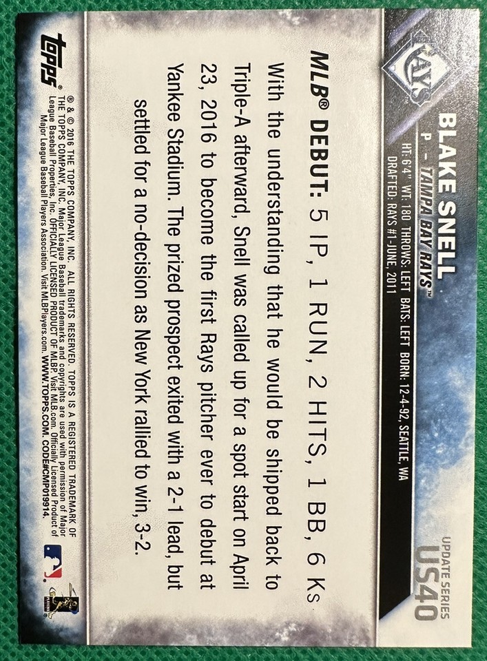 2016 Topps Update Blake Snell ROOKIE DEBUT RC #US40 Tampa Bay Rays Mint ...