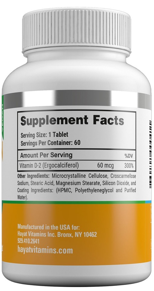Hayat Vitamins Vegan Natural Vitamin D 2400 IU, D2, Certified Halal, 60 ...