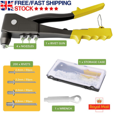 Hand Pop Rivet Gun Tool Kit + 200 Assorted Rivets + 4 Nozzle Head Size ...
