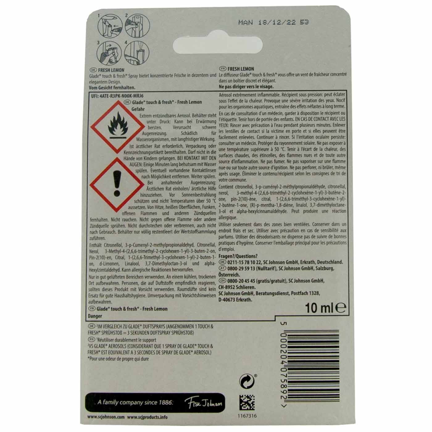 Glade Mini Fresh Lemon Starter Set 6 X 10ml Touch & Fresh Refill Pack ...