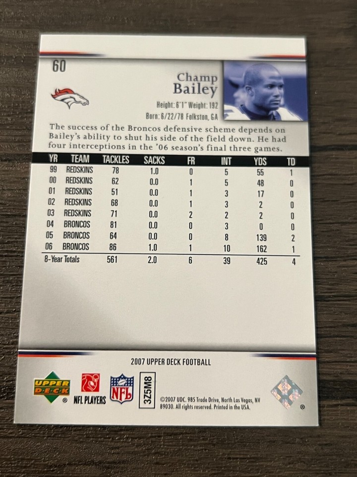 2007 Upper Deck Football Card #60 Champ Bailey (P5) | eBay
