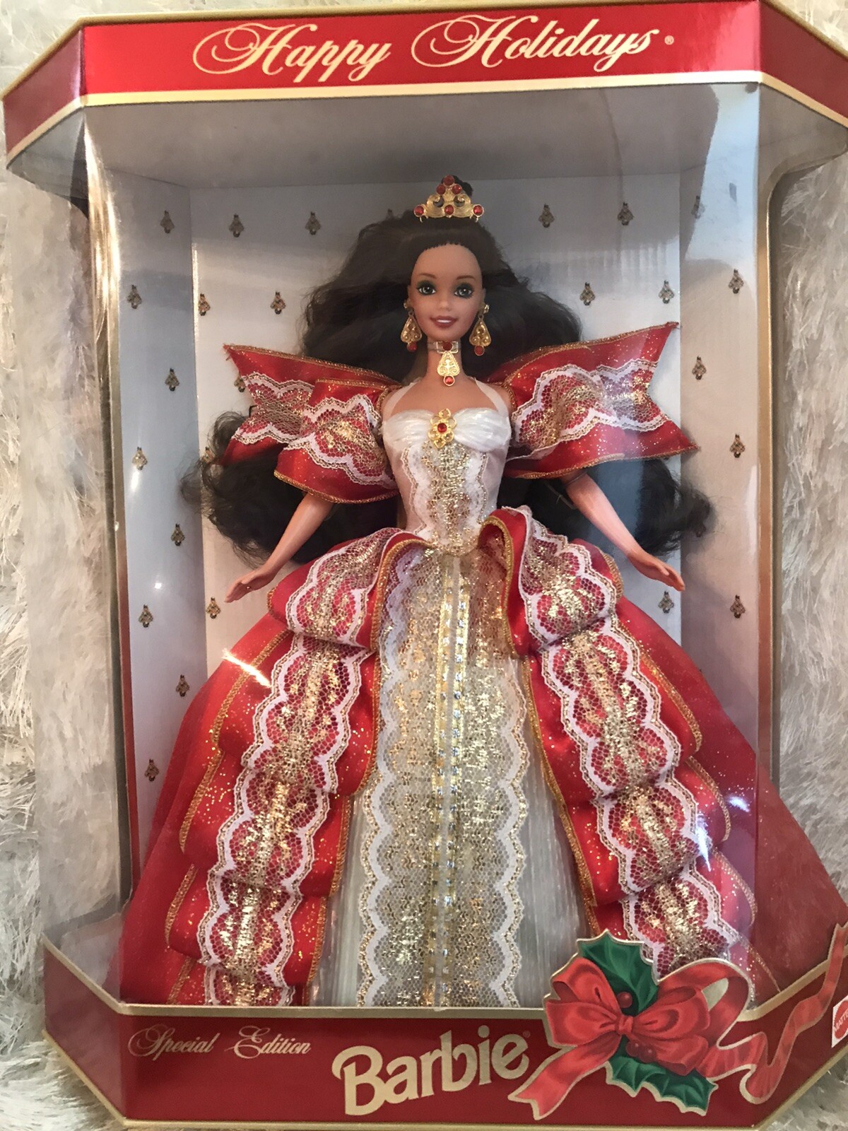 Happy Holidays Special Edition 1997 Barbie Candy Cane Ribbon Gown NRFB ...