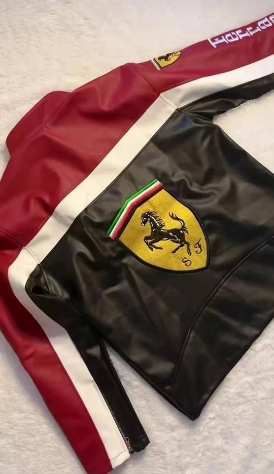 Ferrari Racing Leather Jacket Vintage style F1 Logo white Racing ...