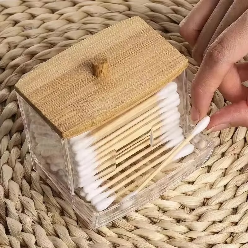Cotton Swab Storage Box Bamboo Lid Transparent Cotton Bud Holder UK ...