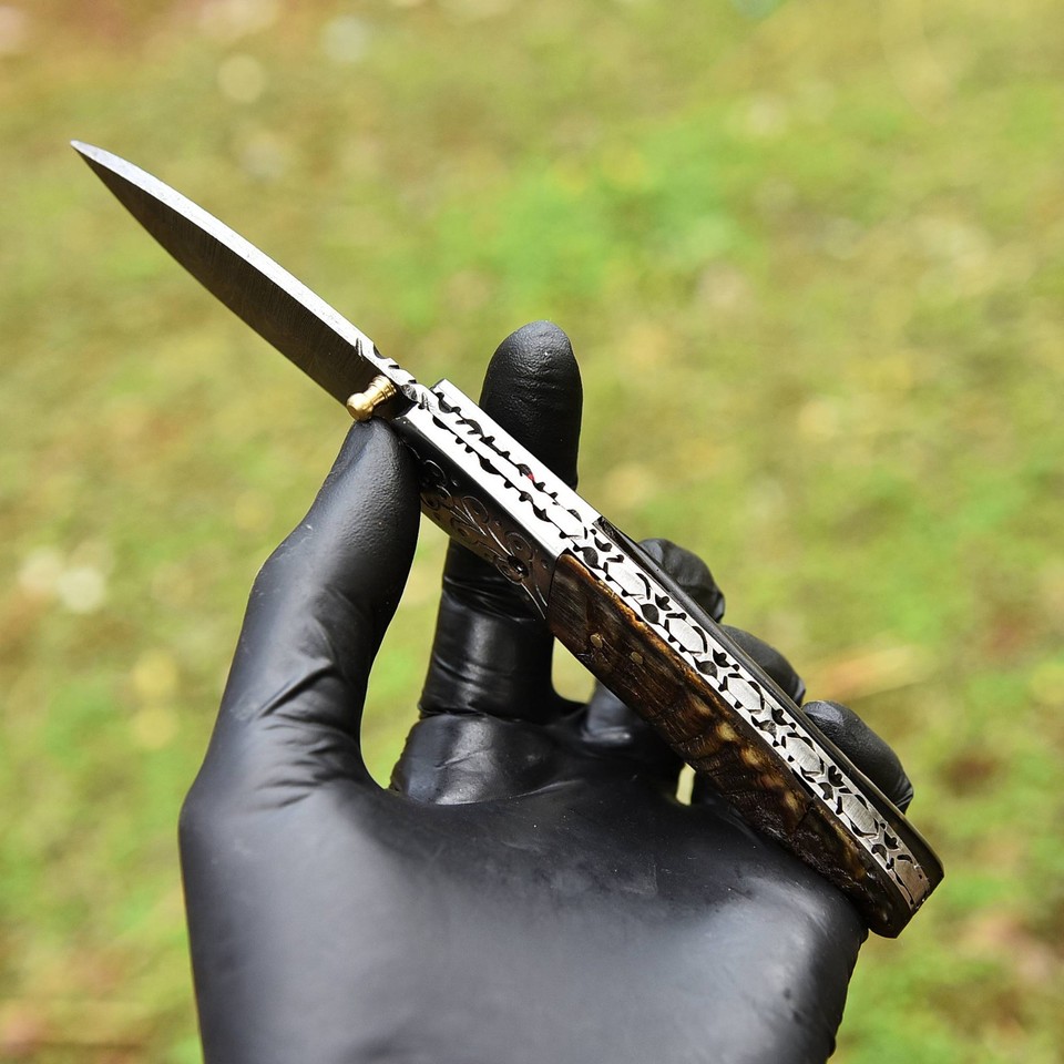 Hand Forged Damascus Folding Pocket Knife Ram Horn Handle Survival EDC ...