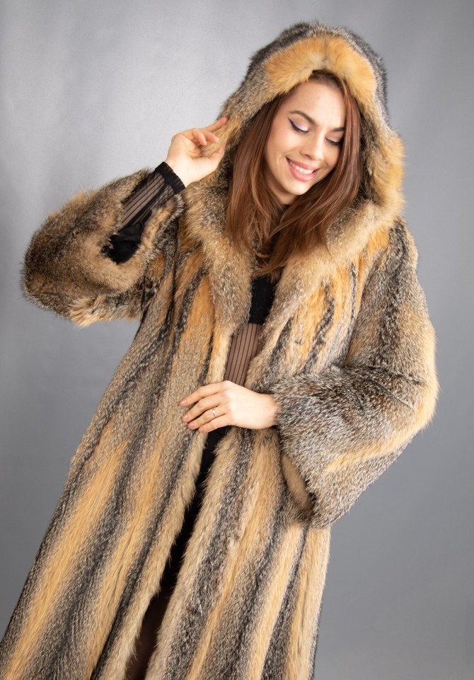 8227 SUPERIOR REAL GRAY FOX COAT FUR SWINGER HOOD EXTRA LONG BEAUTIFUL ...