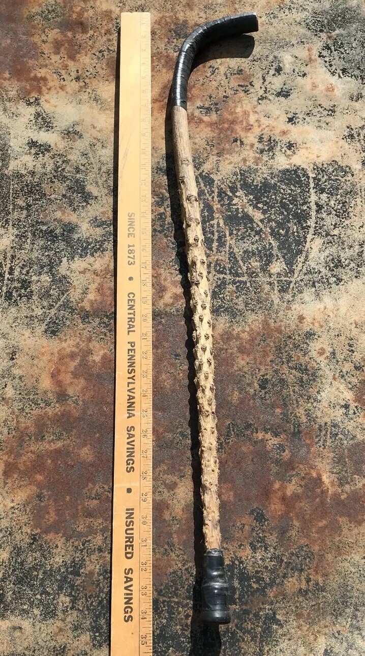 Knotted Wood Cane Curved Handle Custom Primitive Walking Stick 34 ...