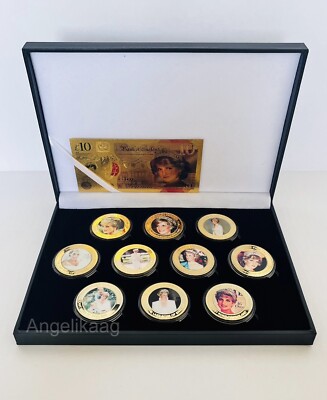Princess Diana x10 Gold Plated Coin Set + Diana £10 Pound Bank Foiled ...