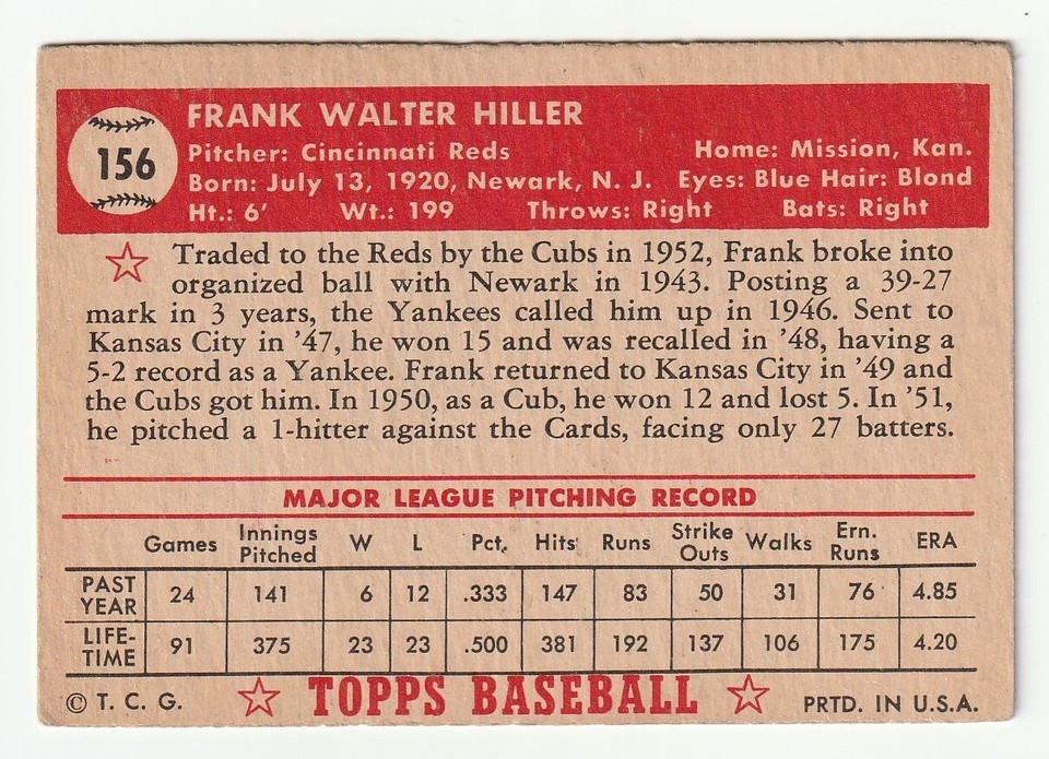 1952 Topps Baseball #156 Frank Hiller Cincinnati Reds | eBay