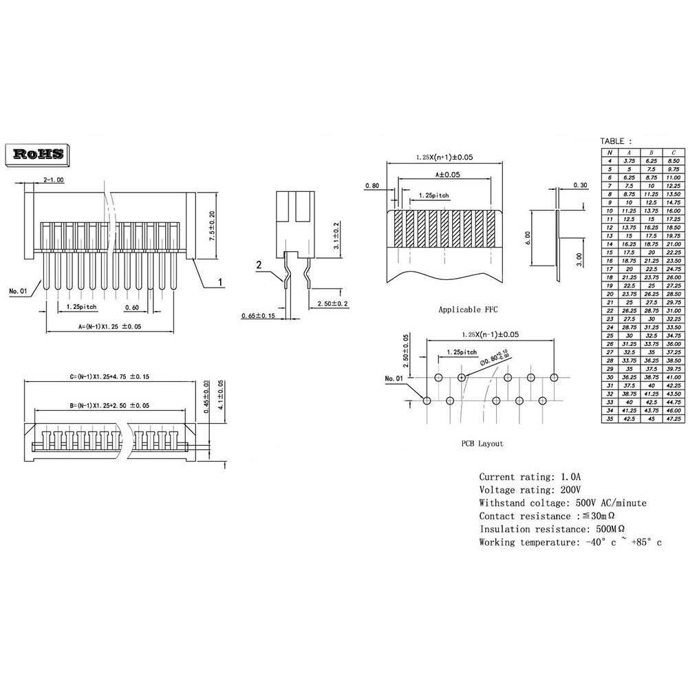 10pcs FPC FFC 1.25mm 4 - 32 Pin Dual Row Contact Straight Flat Cable ...