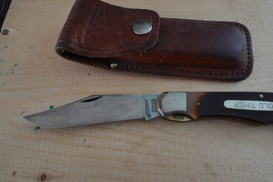 VINTAGE Schrade Old Timer 1250T Blade Folding Knife USA W Leather ...