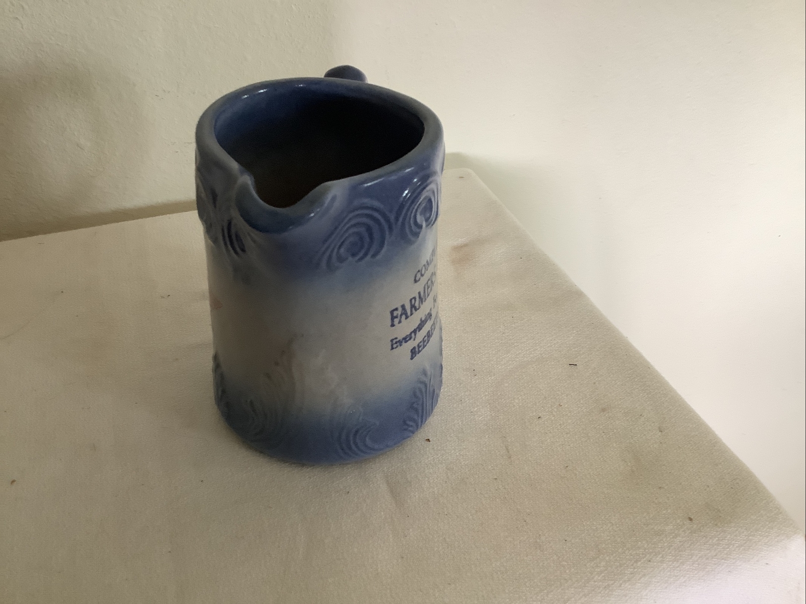 BLUE WHITE RED WING STONEWARE ADVERTISING BEEBEETOWN IOWA PITCHER ...