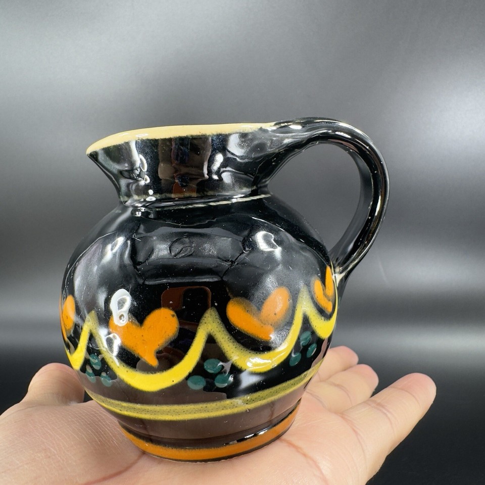 Hand Made Folk Art Pottery Small Pitcher Creamer Hand Painted Hearts ...