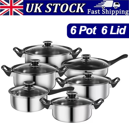 12PCS Kitchen Cooking Glass Lid Stainless Steel Cookware Saucepan Pan ...