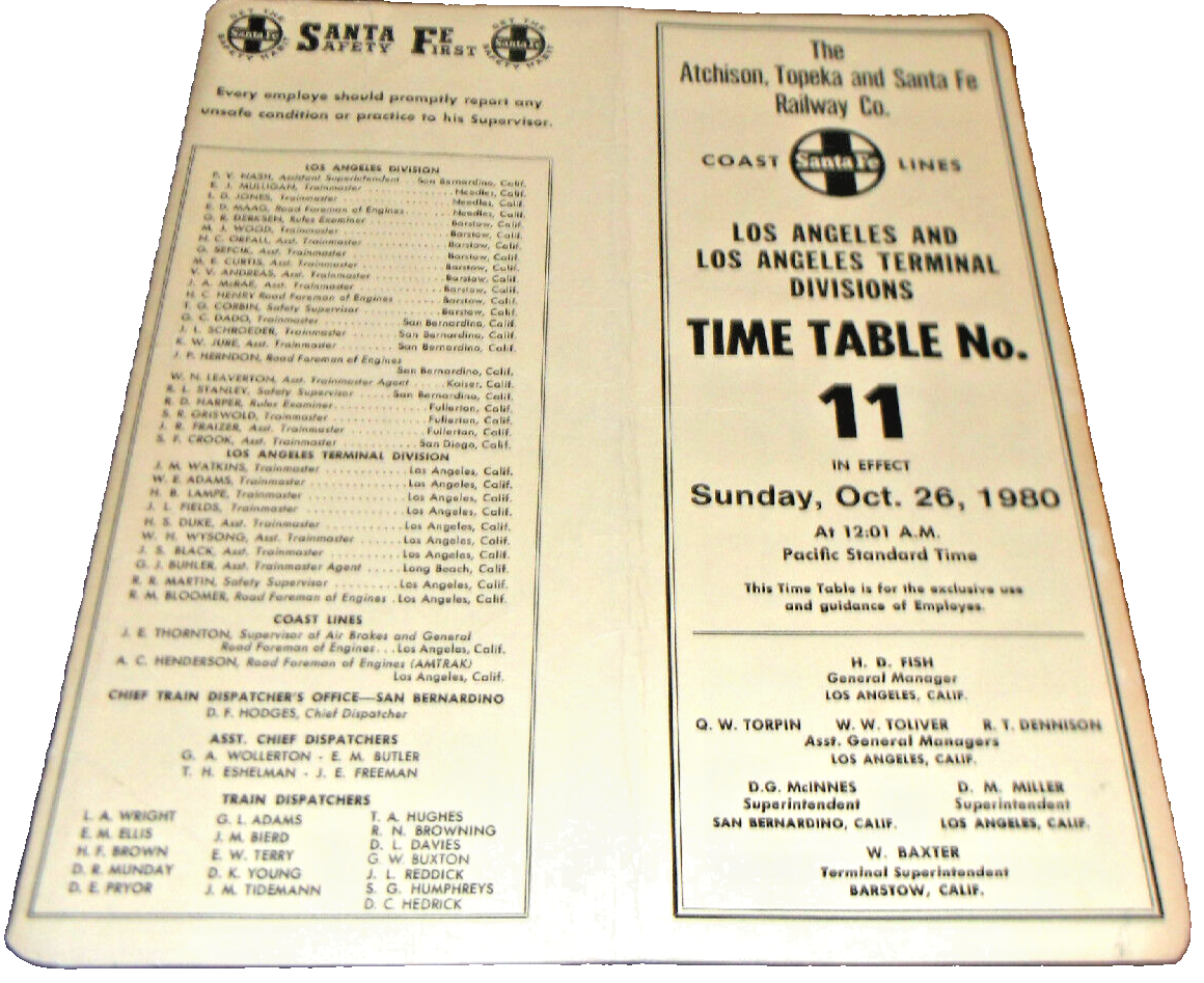 OCTOBER 1980 ATSF SANTA FE LOS ANGELES DIVISION EMPLOYEE TIMETABLE #11 ...