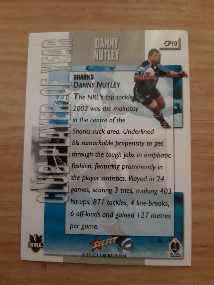 2004 NRL AUTHENTIC CLUB PLAYER OF YEAR CHASE CARD CP10-DANNY NUTLEY ...