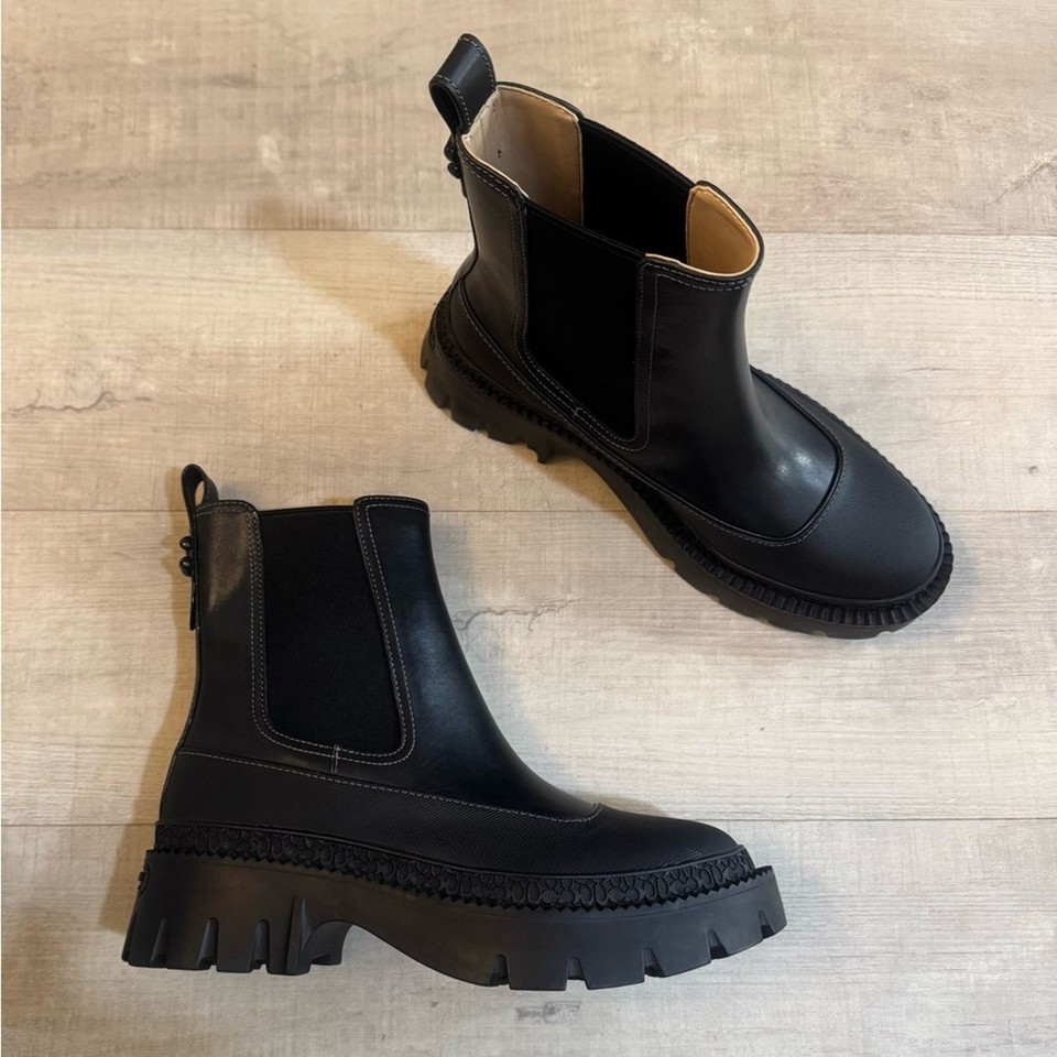 COACH Women's Jayla Black Leather Logo Pull-on Chelsea Booties Size 6.5 ...