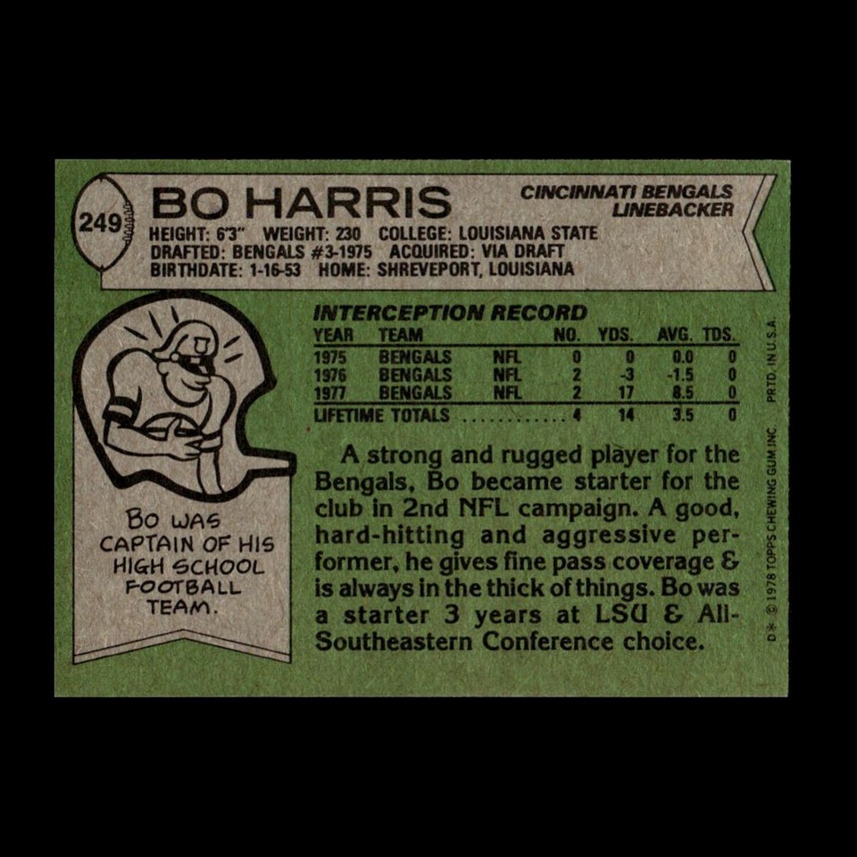 Bo Harris 1978 Topps Rookie Cincinnati Bengals #249 R308i 1 | eBay