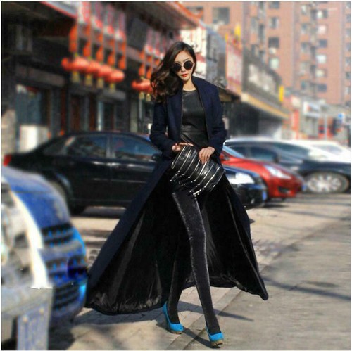 Womens Wool Blend Floor Length Winter Slim Split Stand Collar Dress ...