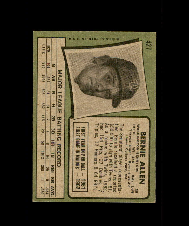 1971 TOPPS BASEBALL CARD WASHINGTON SENATORS #427 BERNIE ALLEN | eBay
