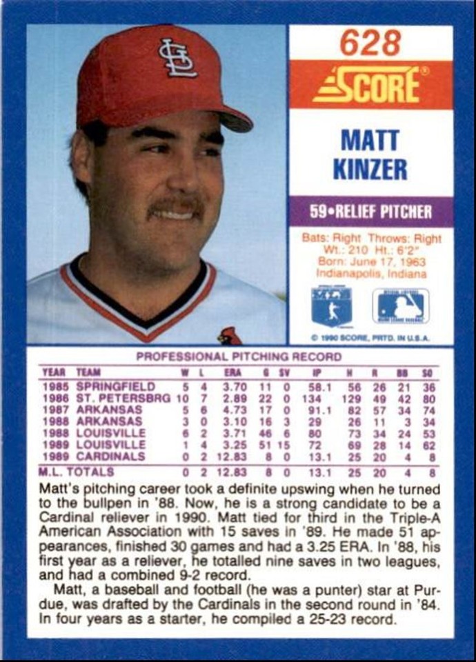 1990 Score Matt Kinzer Rookie St. Louis Cardinals #628 | eBay