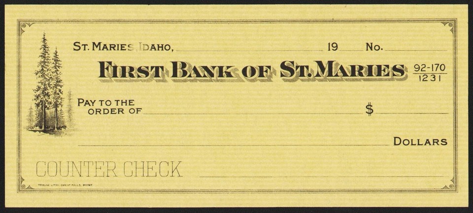 Vintage bank check FIRST BANK OF ST MARIES Idaho trees pictured unused ...