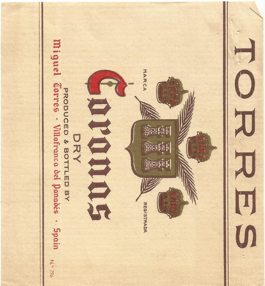 Label-TORRES Coronas,dry wine,Villafranco del Panades,Spain.Original ...