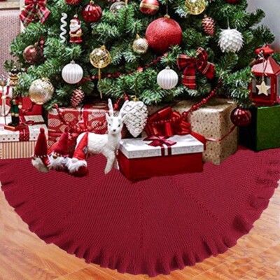 120CM Red Knitted Christmas Tree Stands Apron Base Floor Mat Cover ...