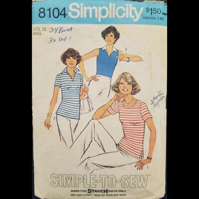Vintage Simplicity Pullover Tops for Stretch Knits Pattern #8104 Size ...