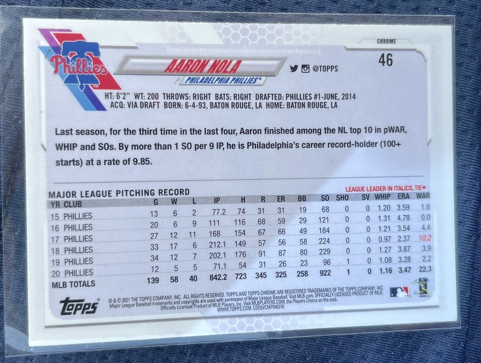 2021 Topps Chrome Aaron Nola Philadelphia Phillies #46 Baton Rouge ...