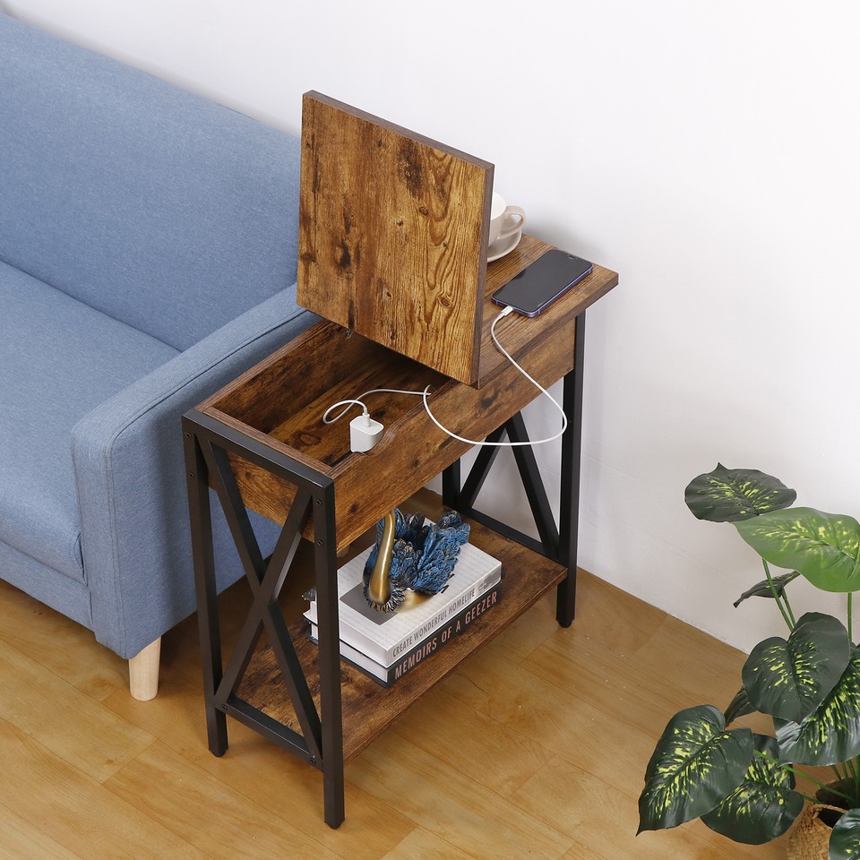 24'' Side Table with USB Ports and Outlets X-Design Narrow Sofa Side ...