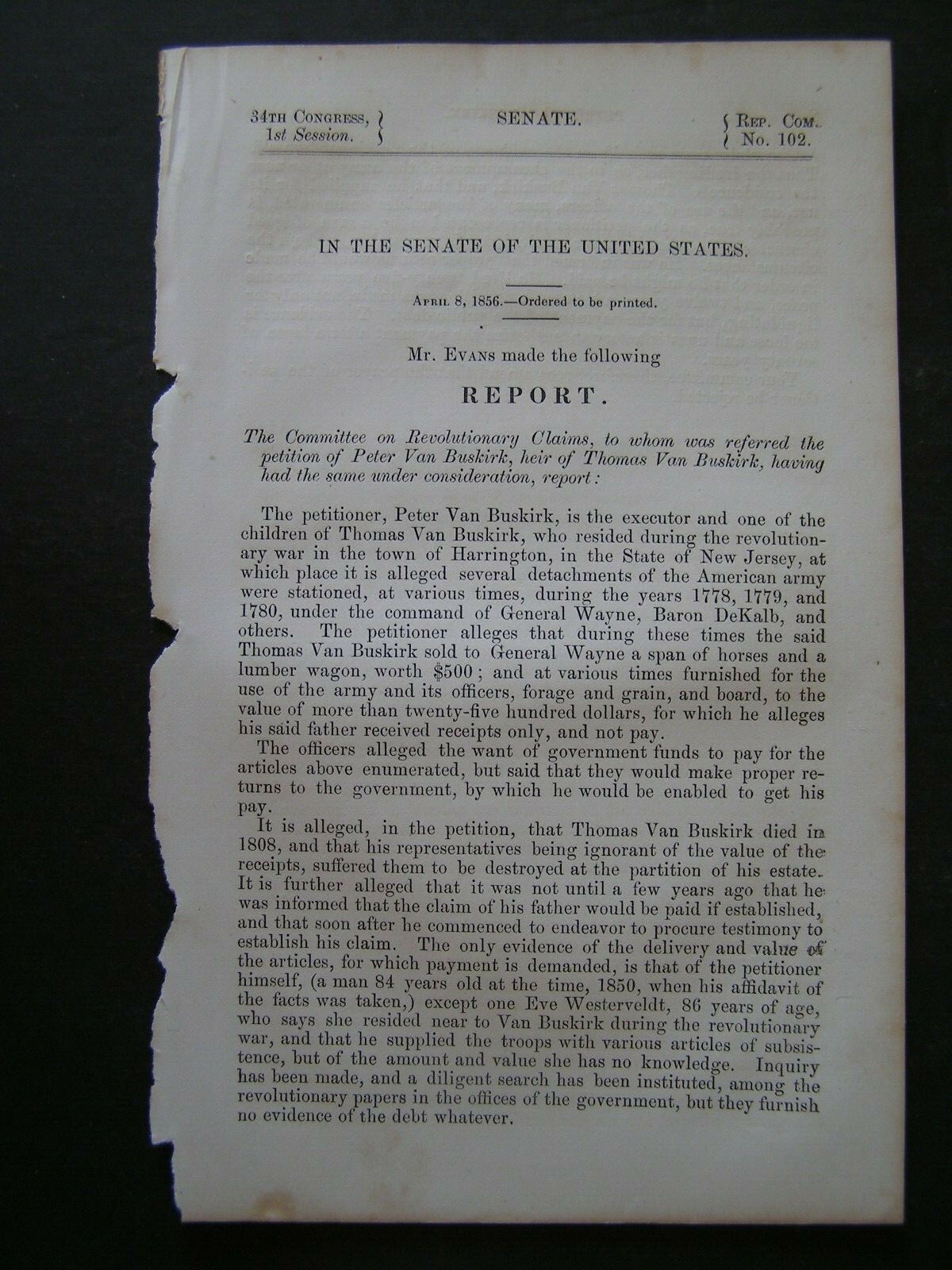 Government Report 1856 Thomas Van Buskirk Revolutionary War NJ Horses ...