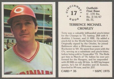 TERRY CROWLEY-1975 SSPC # 35-CINCINNATI REDS OF/1B-45+ YEAR OLD ...