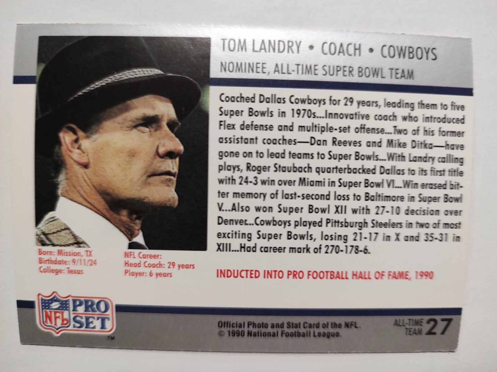 Tom Landry 1990 Pro Set Super Bowl XXV Coach Card # 27 | eBay