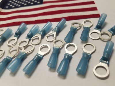 25 Heat Shrink Ring Terminal wire Connector Blue 16-14 GA AWG Gauge 5/ ...
