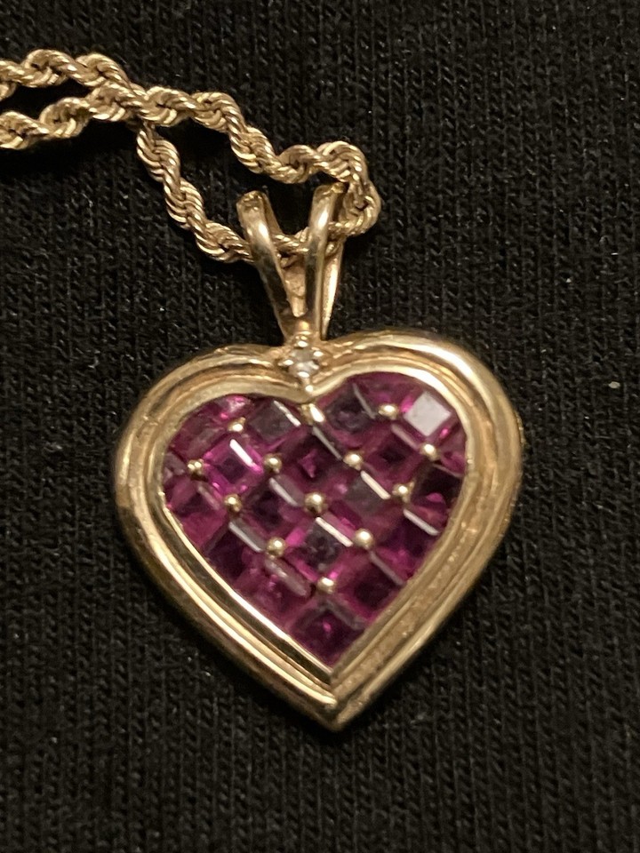 14K Yellow Gold Ruby Heart Pendant & Chain | eBay