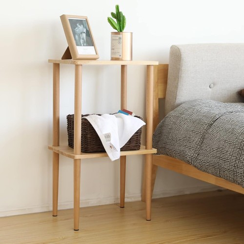 New-Solid Wood Side Table, 2-Tier Narrow End Table with Storage Shelves ...
