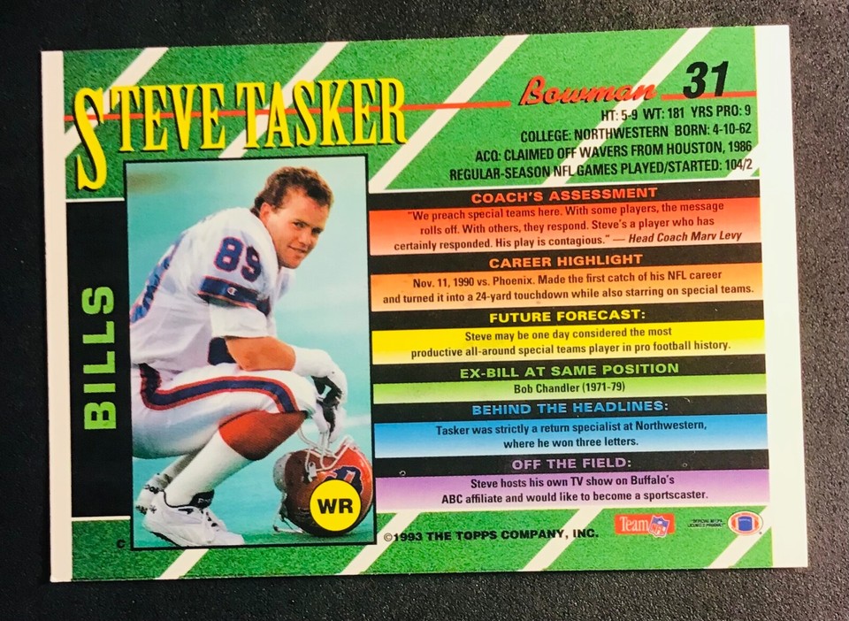 Buffalo Bills STEVE TASKER autograph auto signed 1993 BOWMAN CARD ...