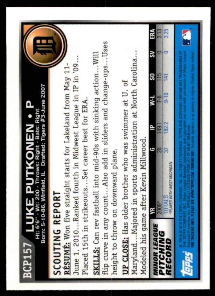 2010 BOWMAN CHROME PROSPECTS LUKE PUTKONEN DETROIT TIGERS #BCP157 | eBay