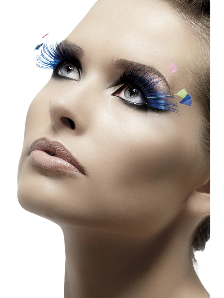 False Blue Lashes With Feather Plumes Fake Eyelashes Fancy Dress | eBay