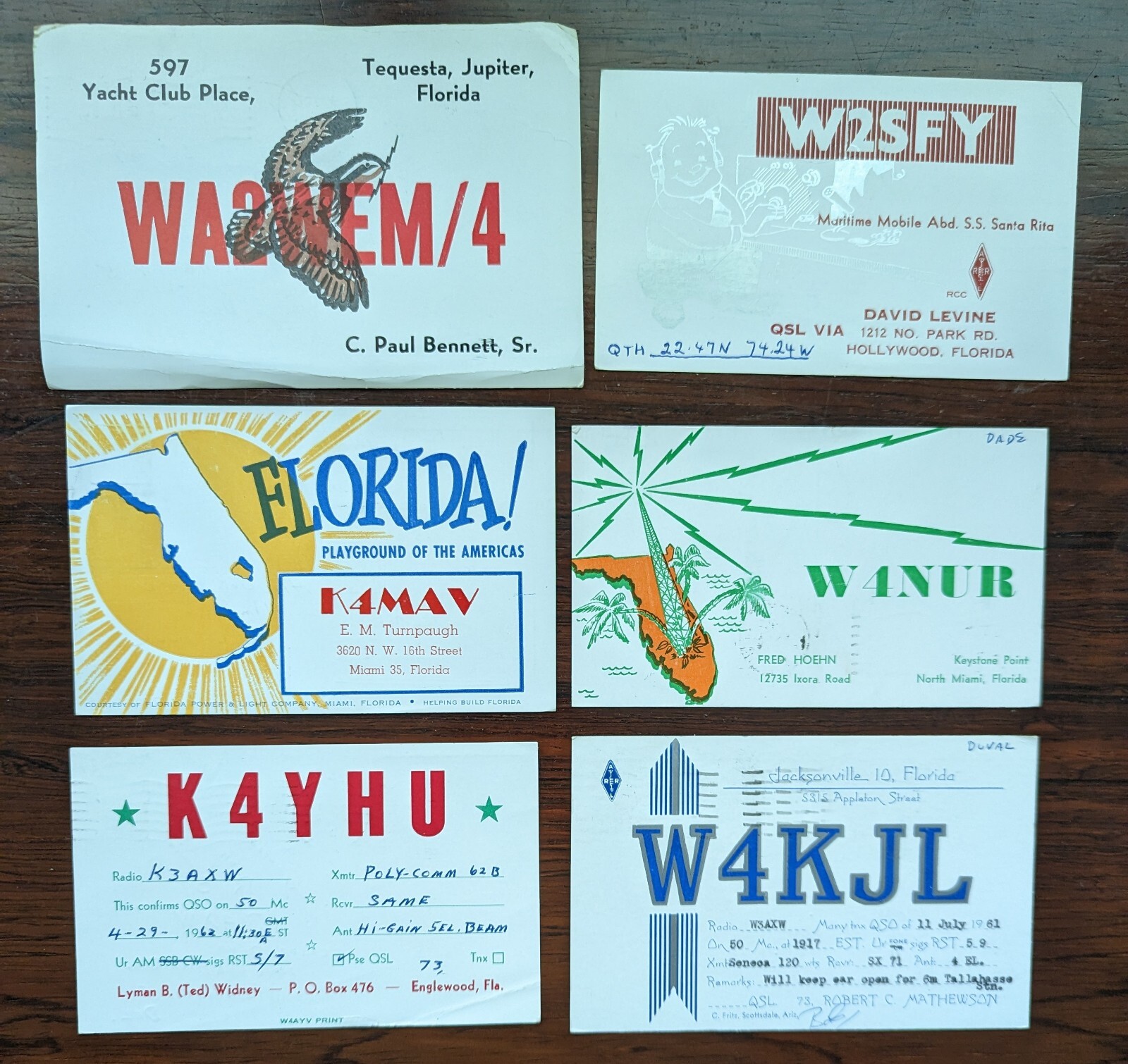 Lot of 6 1960s QSL Cards Ham Radio Florida WA2WEM4 W2SFY W4NUR K4MAV ...