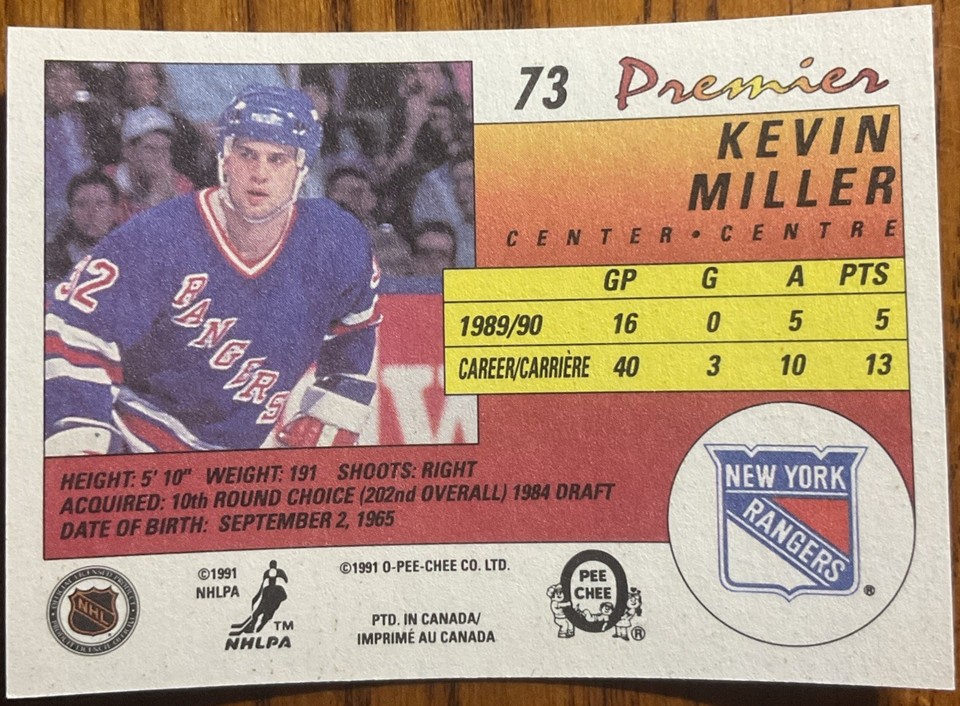 1990-91 O-Pee-Chee OPC Premier Rookie RC Kevin Miller #73 New York ...