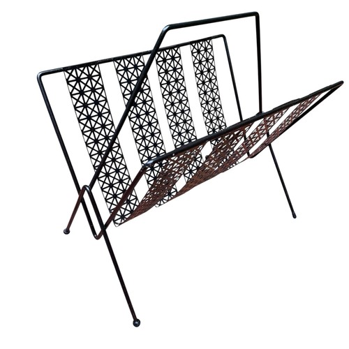 Vintage MCM Record Stand Holder Magazine Rack Black Mesh Metal Mid ...