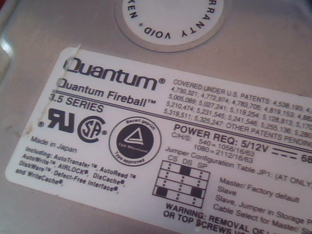 Hard Disk Drive Quantum Fireball P/N FB10A011 Rev 03-F 1080AT 1GB IDE ...