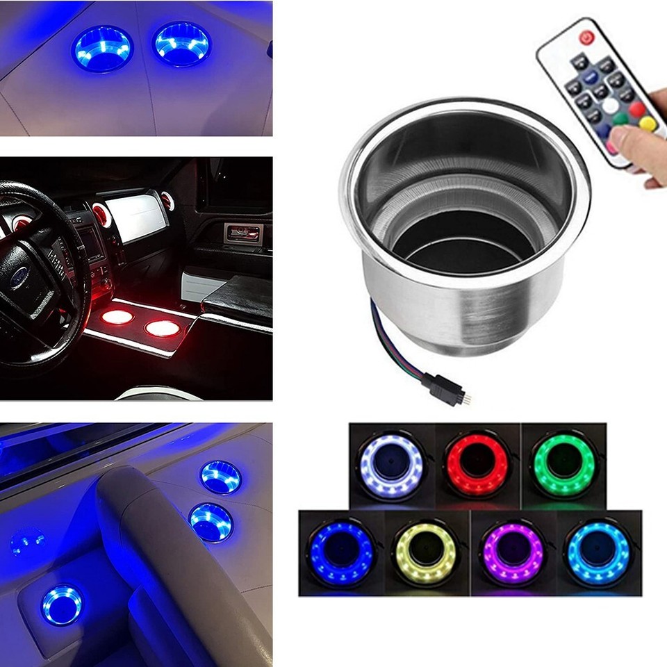 4PCS Cup Drink Holder Stainless Steel Remote Control 14LED RGB Marine ...
