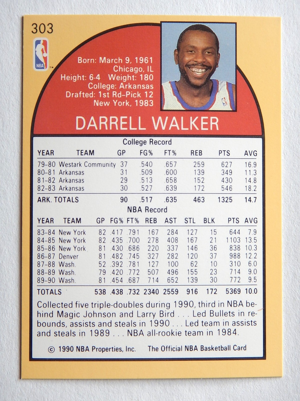 Darrell Walker #303 NBA Hoops 1990 Basketball Card (Washington Bullets ...
