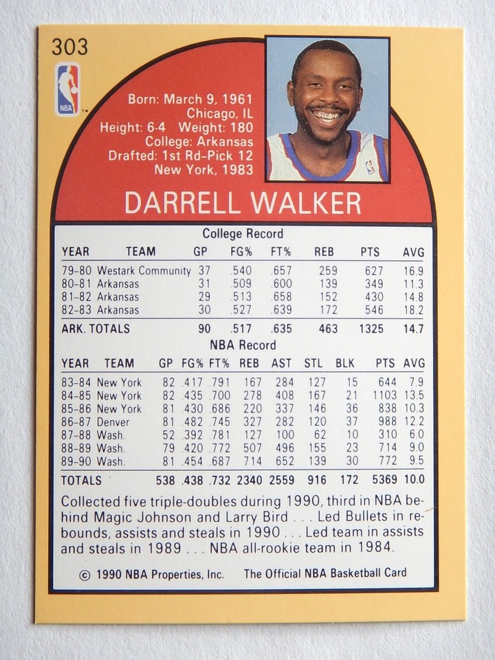 Darrell Walker #303 NBA Hoops 1990 Basketball Card (Washington Bullets ...