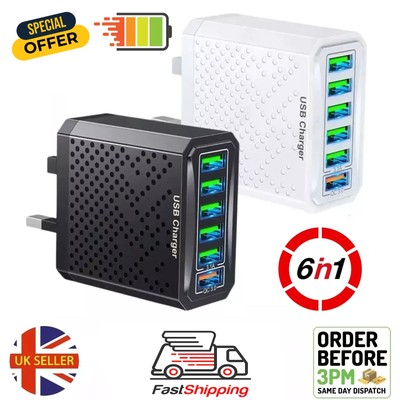 6 Multi-Port Fast Quick Charge USB Hub Mains Wall Charger UK Plug ...